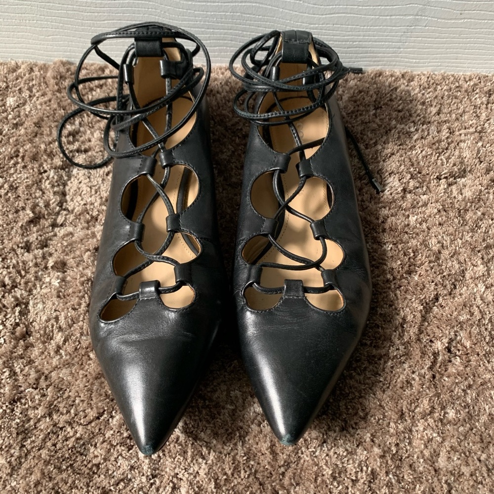 Coach Justine Lace-Up Ballet Flats Black Leather - Gem